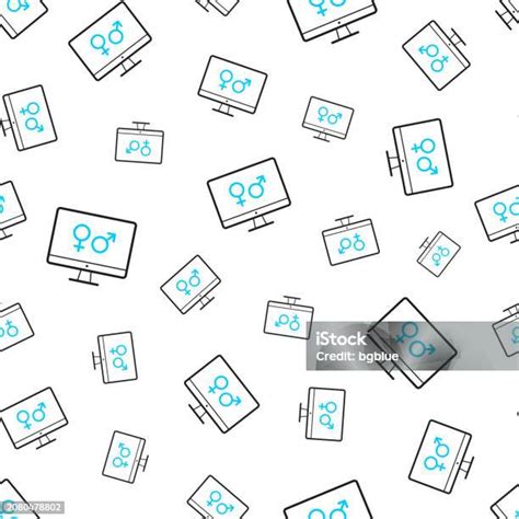 성별 기호가 있는 데스크톱 컴퓨터 원활한 패턴 흰색 배경에 선 아이콘 0명에 대한 스톡 벡터 아트 및 기타 이미지 0명