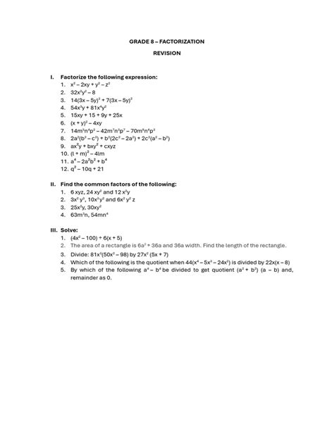 Grade 8 Revision Factorization Pdf
