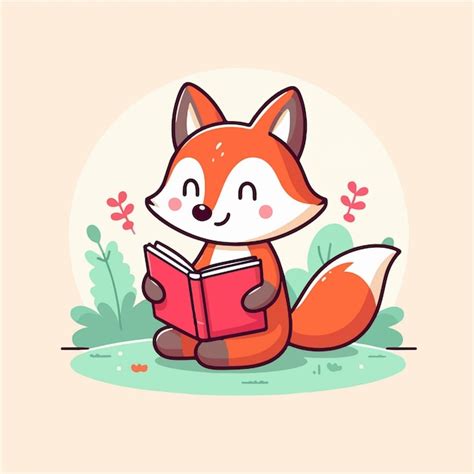 Lindo Mascota De Zorro Feliz Leyendo Un Personaje De Dibujos Animados