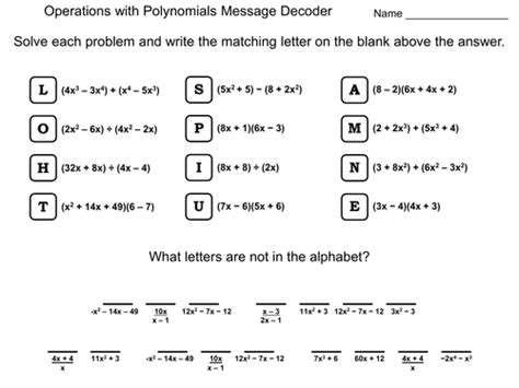 operations with polynomials worksheet math message decoder teaching