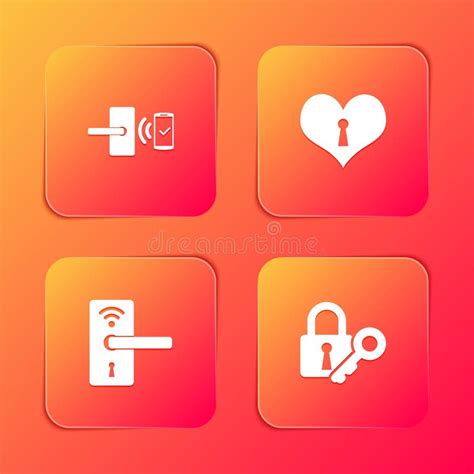 Set Digital Door Lock With Wireless Heart Keyhole And Lock And Icon Vector Stock Illustration