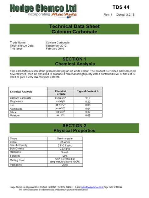 Technical Data Sheet For Calcium Carbonate Properties Analysis