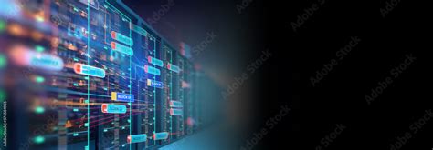 Server Room With Server Racks In Datacenter Banner 3d Illustration Server Room With Server Racks In Datacenter Banner 3d Illustration
