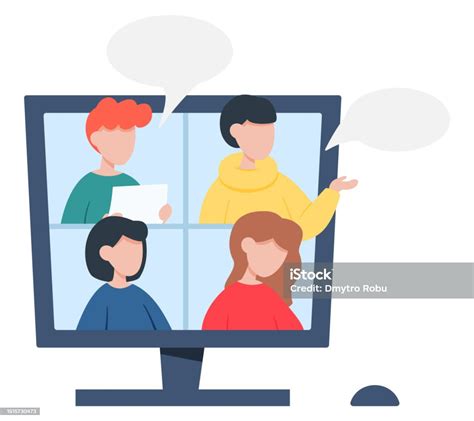 사람들은 온라인으로 의사 소통합니다 가상 회의 또는 회의 남자와 여자는 화상 채팅으로 채팅합니다 개체 그룹에 대한 스톡 벡터