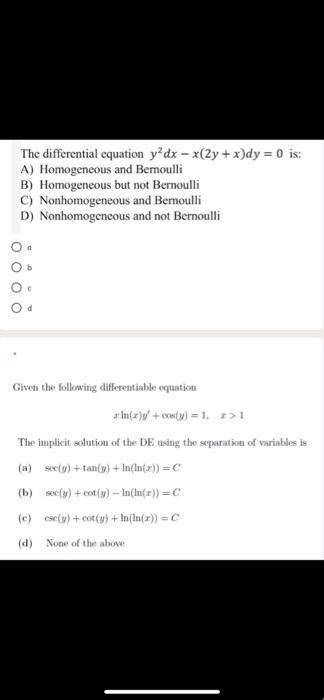 Solved The Differential Equation Y Dxx Y X Dy Is A Chegg