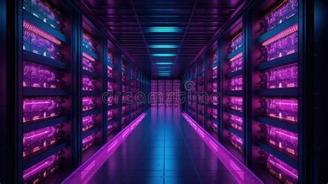 Generative Ai Data Center Modern High Technology Server Room In Purple Neon Colors Modern