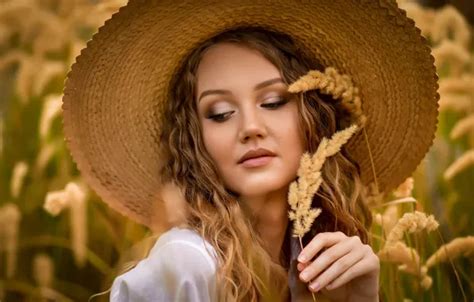 Wallpaper Girl Face Hand Portrait Hat Makeup A Blade Of Grass