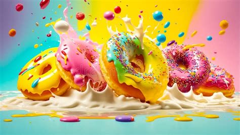 Delicious Multi Colored Donuts On A Colored Breakfast Cream Snack
