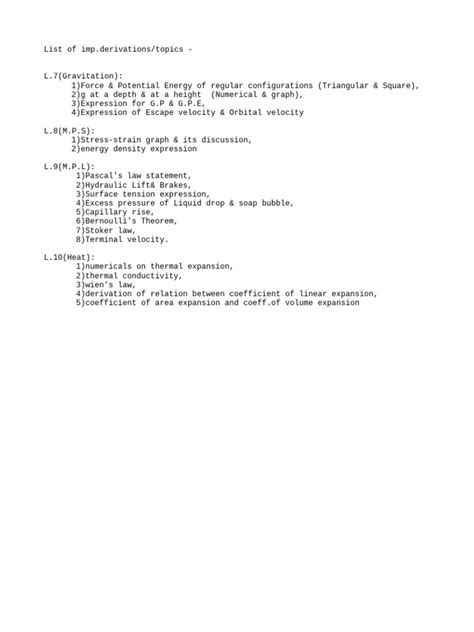 List Of Imp Derivations Physics Class 11 Pdf