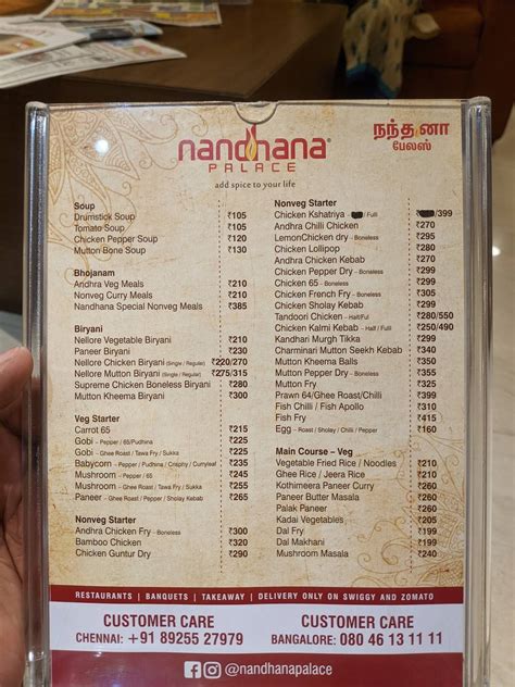 Menu At Nandhana Palace Andhra Style Restaurant Chennai