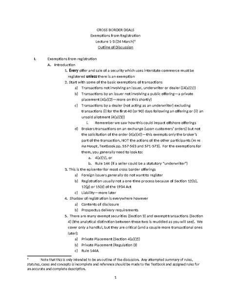 Handout Outline For Lecture 1 3 Cross Border Deals Exemptions From