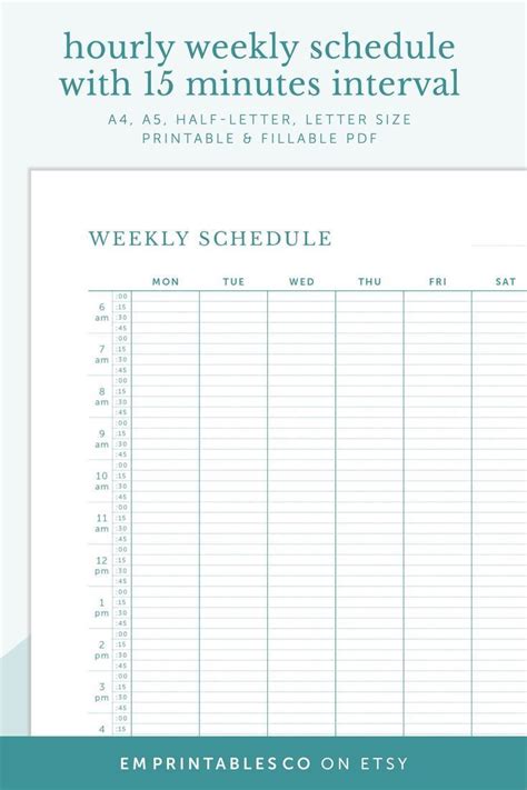 Hourly Weekly Schedule With 15 Minutes Interval Meeting Tracker Printable A4 A5 Letter Half Size