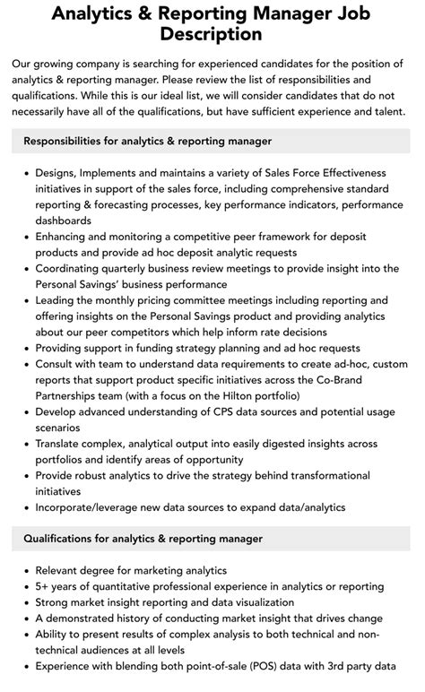Analytics And Reporting Manager Job Description Velvet Jobs