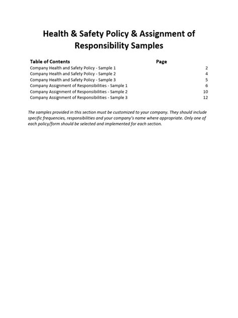 Health Safety Policy Assignment Of Responsibility Samples Pdf