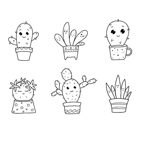Ilustración vectorial de un lindo cactus conjunto de contorno de