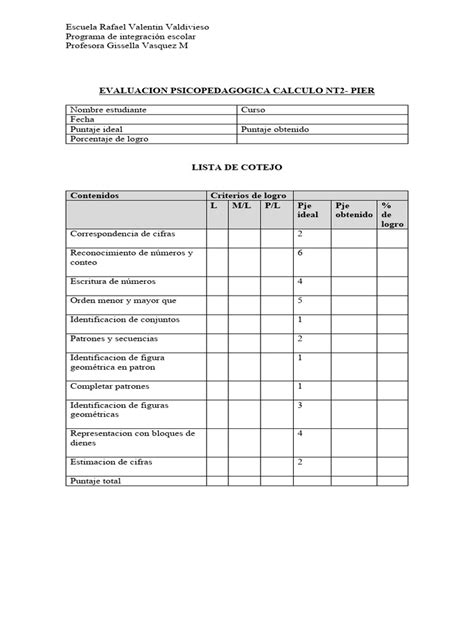 Evaluacion Psicopedagogica Calculo Nt2 Pdf