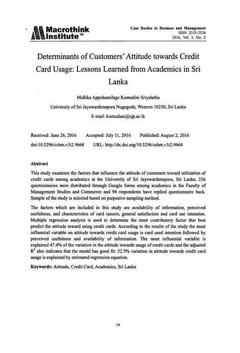 Pdf Determinants Of Customers Attitude Towards Credit Card Usage Lessons Learned From