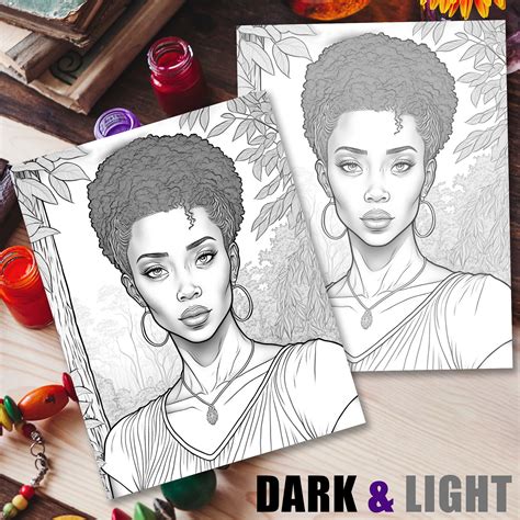 Black Woman Coloring Pages For Adults Instant Download Dark Light Grayscale Illustration Pdf