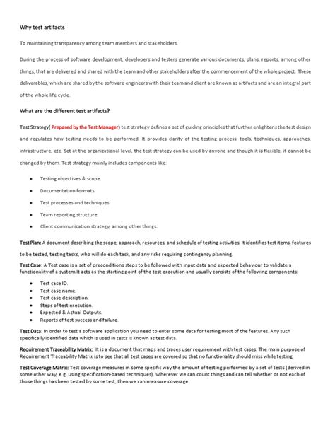 Why Test Artifacts Prepared By The Test Manager Pdf Software Testing Systems Theory