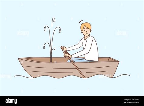 Stressed Man Rowing In Boat See Hole And Water Leaking Unhappy