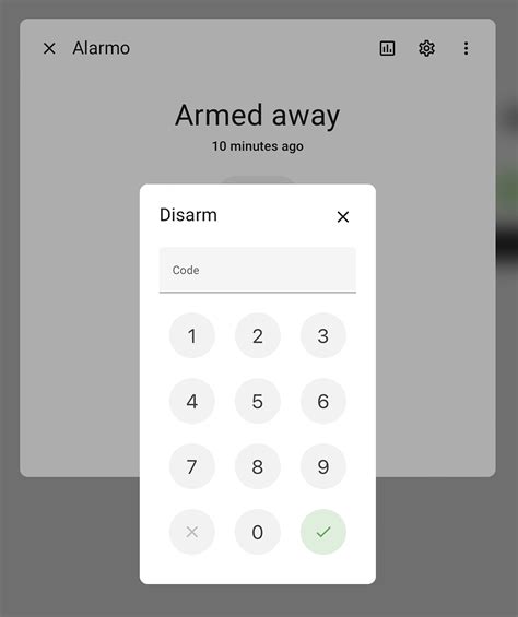 custom button to show alarm code input panel frontend home