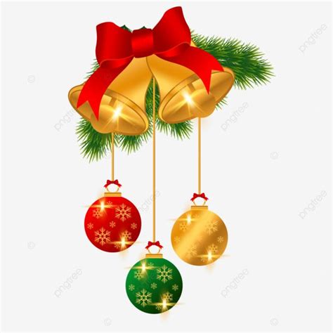 Christmas Ornaments Hanging From A Tree With Red Bows And Gold Bells