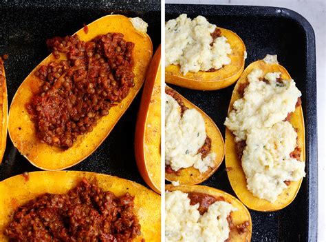 Cheesy Lentil Stuffed Spaghetti Squash Vegan
