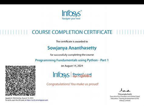 Sowjanya Ananthasetty On Linkedin Infosys Certificate Python Skill