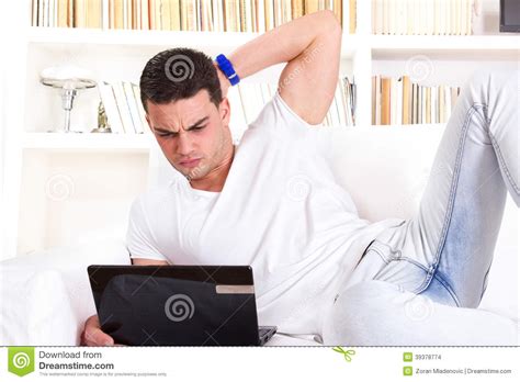 Man Using Laptop Having Problems With Communication And Internet Stock Photo Image Of Handsome