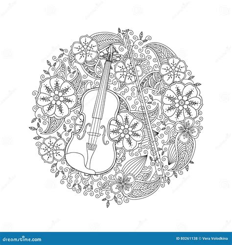 与装饰小提琴的着色页在白色背景的圈子形状 向量例证 插画 包括有 例证 艺术 单色 冥想 叶子 80261138