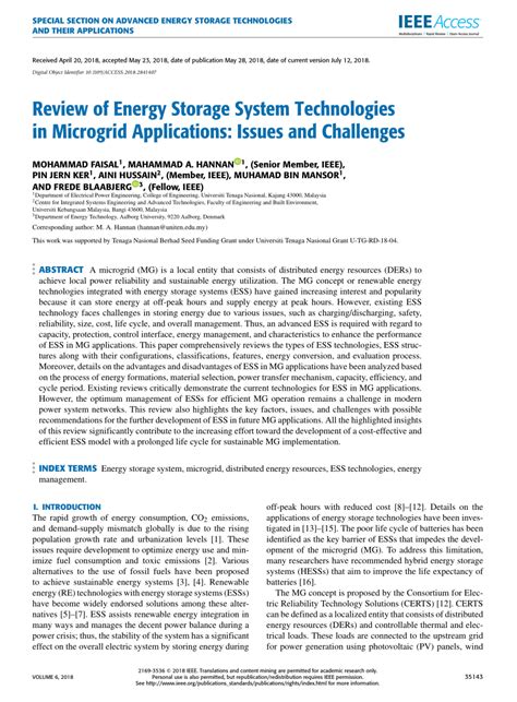 Pdf Review Of Energy Storage System Technologies In Microgrid Applications Issues And Challenges