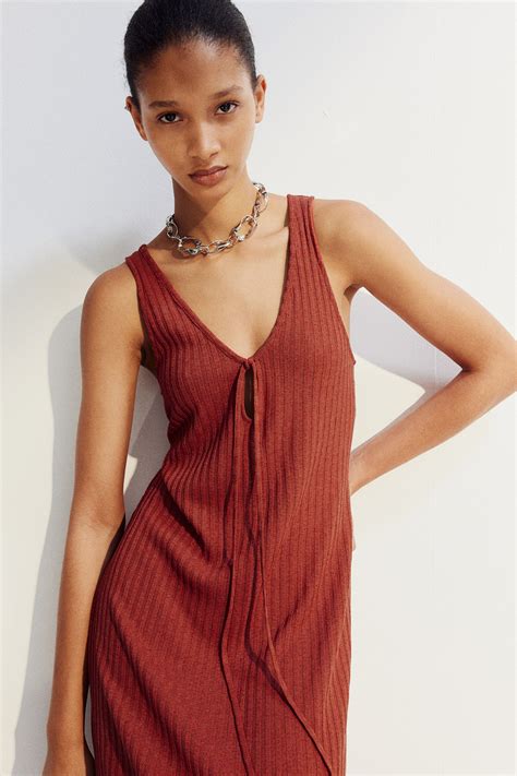 Tie Detail Rib Knit Dress Rust Red Ladies Handm Us