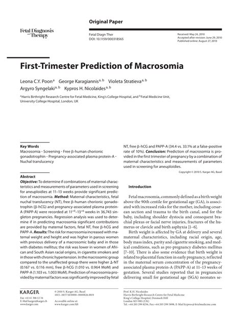 Pdf First Trimester Prediction Of Macrosomia