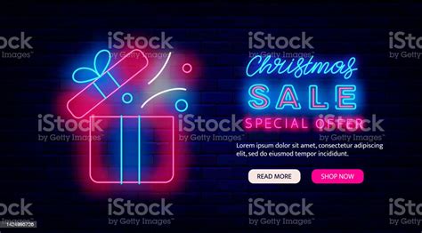 크리스마스 판매 네온 프로모션 색종이가있는 선물 상자를 엽니 다 휴일 특별 제안 배너 벡터 일러스트 레이 션 선물에 대한 스톡 벡터 아트 및 기타 이미지 Istock