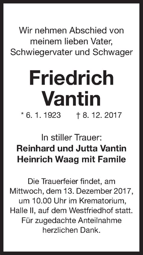 Traueranzeigen von Friedrich Vantin | trauer.nn.de