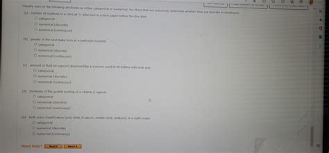 Solved Classify Each Of The Following Attributes As Either Chegg