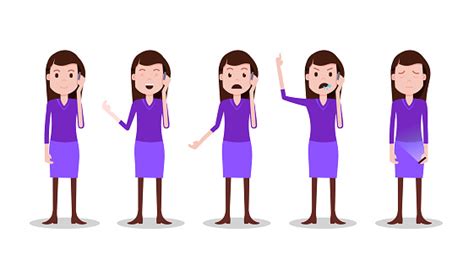 십 대 소녀 캐릭터 다른 포즈와 감정 전화 여성 템플릿 설정 디자인 작업 및 애니메이션에 대 한 흰색 배경 전체 길이 플랫