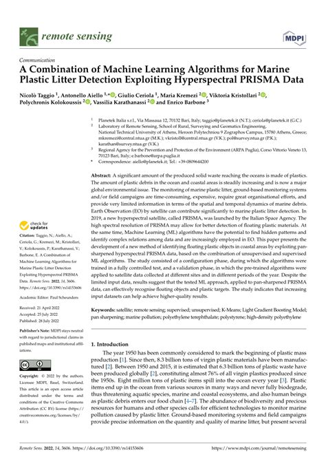 Pdf A Combination Of Machine Learning Algorithms For Marine Plastic Litter Detection