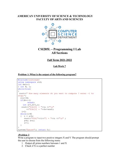 CSI205 Lab 7 C Practice Exercises AMERICAN UNIVERSITY OF SCIENCE TECHNOLOGY FACULTY OF