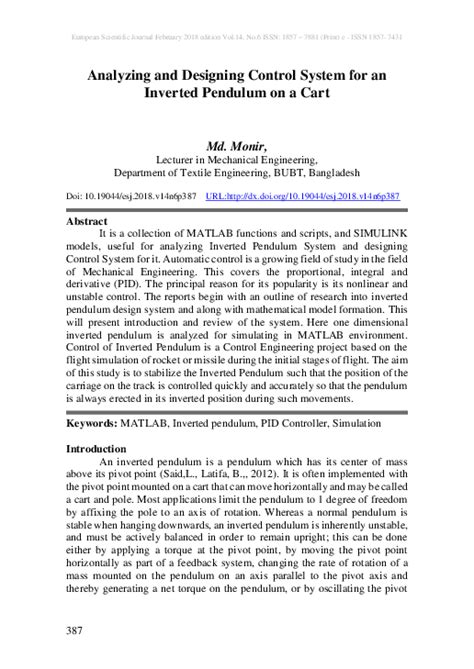 Pdf Analyzing And Designing Control System For An Inverted Pendulum