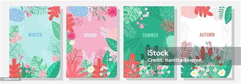 벡터 세트 꽃 배경 자연 배경사계절 템플릿 배너 표지 템플릿 엽서 가을에 대한 스톡 벡터 아트 및 기타 이미지 가을 겨울 계절 Istock