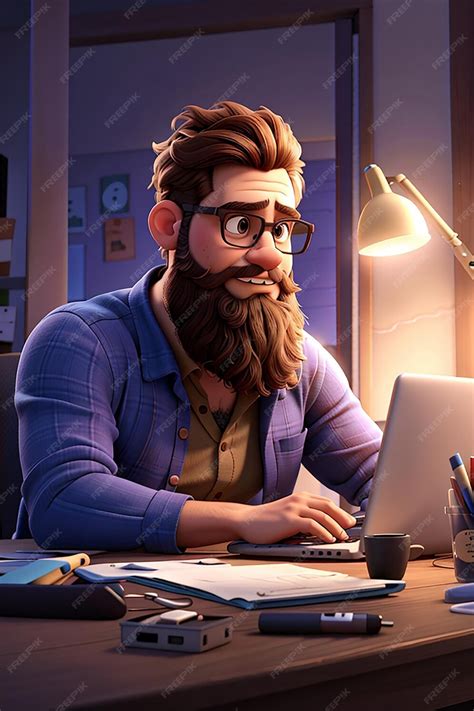Premium Ai Image Bearded Guy Sitting In Front Of Laptop Man Work On Computer Freelancer 3d