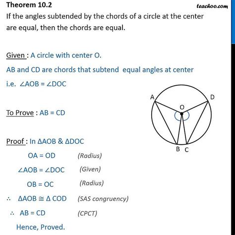 Theorem 9 2 Class 9 If Angles Subtended By Chords At Center Equal