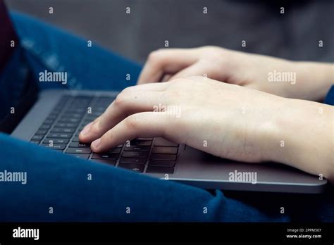 Digital Laptop Computer On Male Legs Side View Closeup Business Man