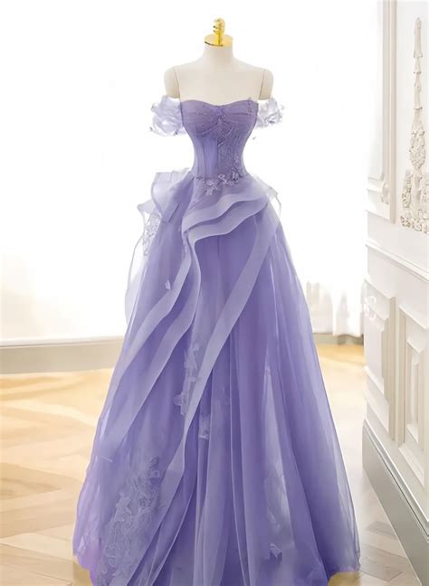 A Line Off Shoulder Tulle Lace Purple Long Prom Dress Purple Lace Lon