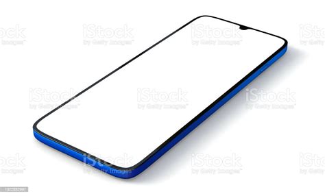 빈 화면 원근보기와 파란색 스마트 폰 모형 흰색 배경에 격리 된 모바일 모형 3d 일러스트레이션 개체 그룹에 대한 스톡 사진 및