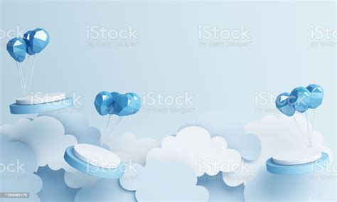 파란색 파스텔 하늘 배경 3d 렌더링공기 풍선 종이 아트 스타일과 제품 스탠드 0명에 대한 스톡 사진 및 기타 이미지 0명