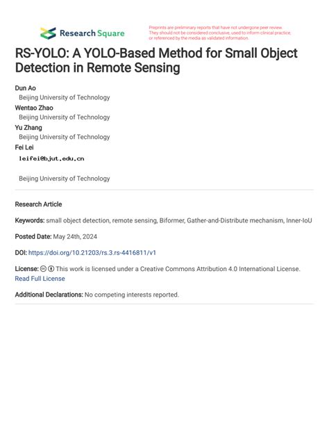Pdf Rs Yolo A Yolo Based Method For Small Object Detection In Remote