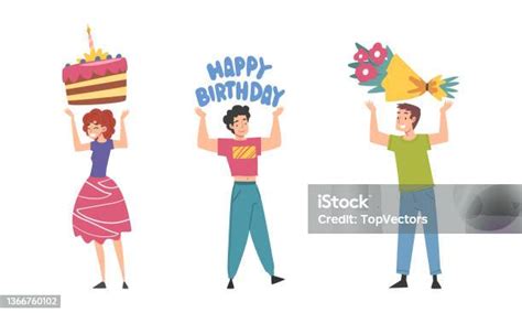 촛불과 꽃 꽃다발 벡터 세트와 케이크를 들고 생일을 축하하는 남자와 여자 명랑한에 대한 스톡 벡터 아트 및 기타 이미지