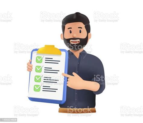 할 일 목록이 쓰여진 체크리스트 노트를 들고 있는 남자 3d 렌더링 만화 벡터 디자인 삽화 체크리스트 3차원 형태에 대한 스톡